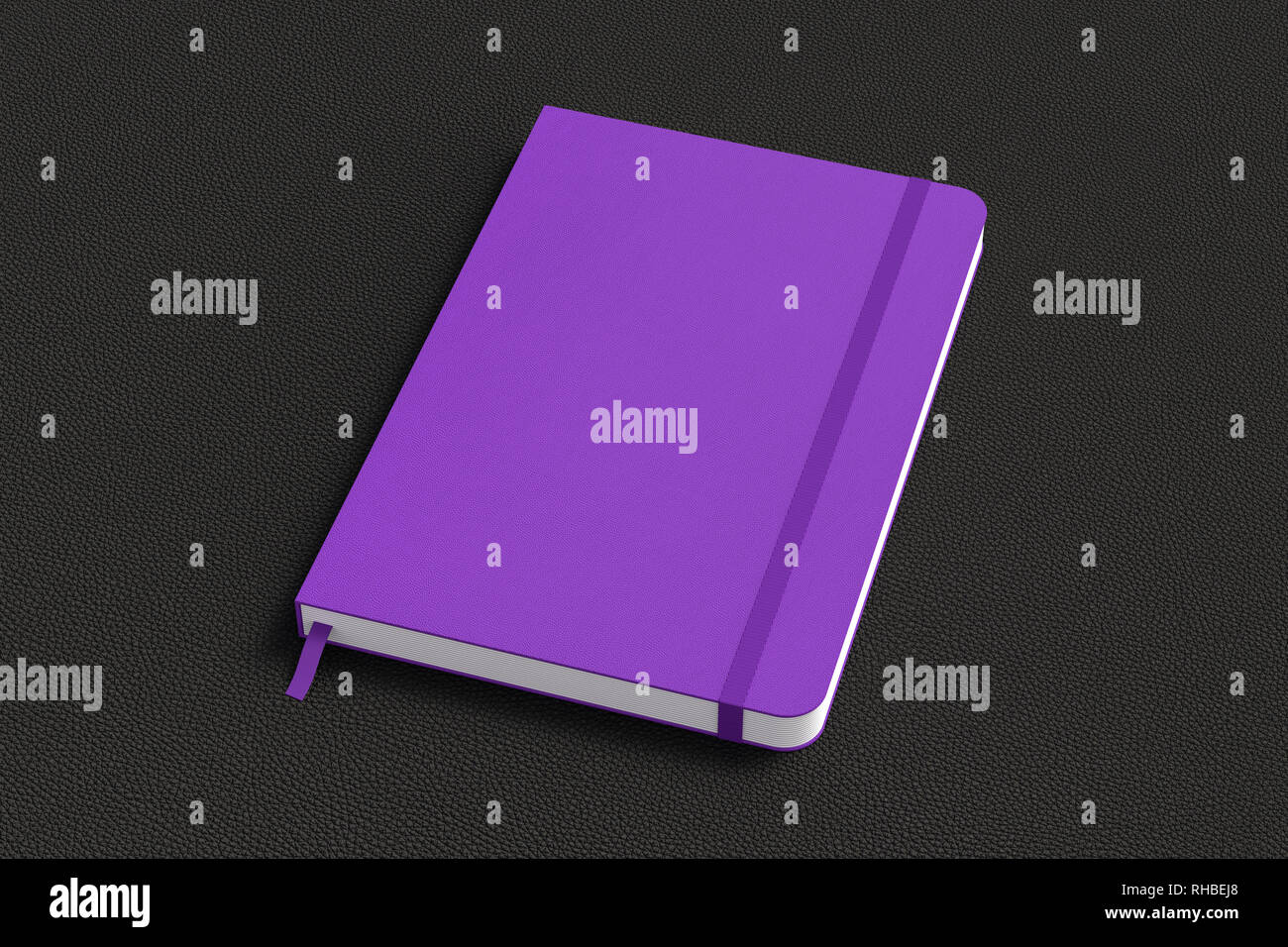 Violet vertical notebook with elastic band on black background Stock ...