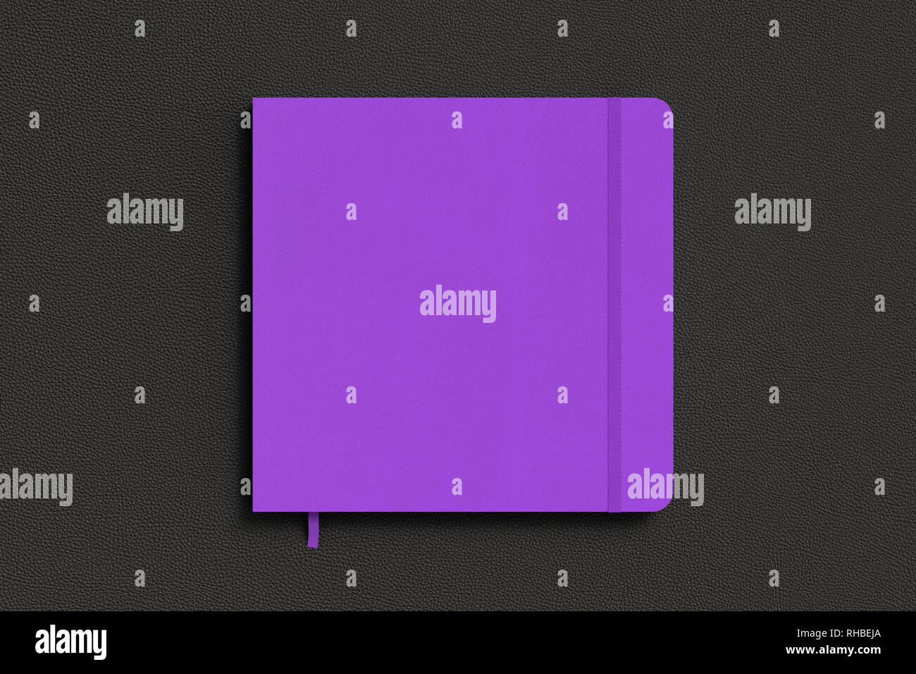 Violet square notebook with elastic band on black background Stock ...