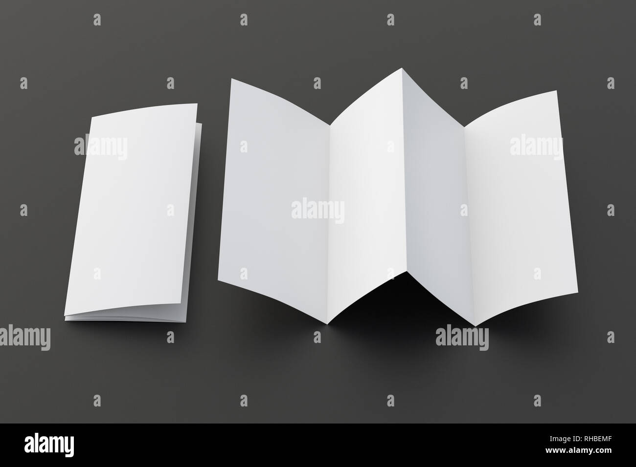 Blank folded paper leaflet on black background. Eight pages, four panel ...