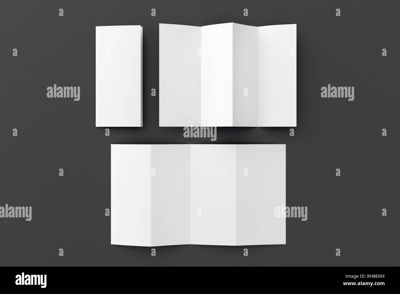 Blank folded paper leaflet on black background. Eight pages, four panel ...