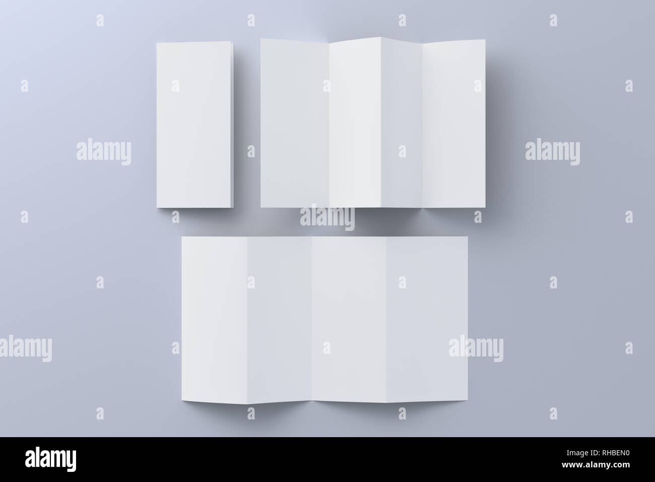 Blank folded paper leaflet on white background. Eight pages, four panel ...