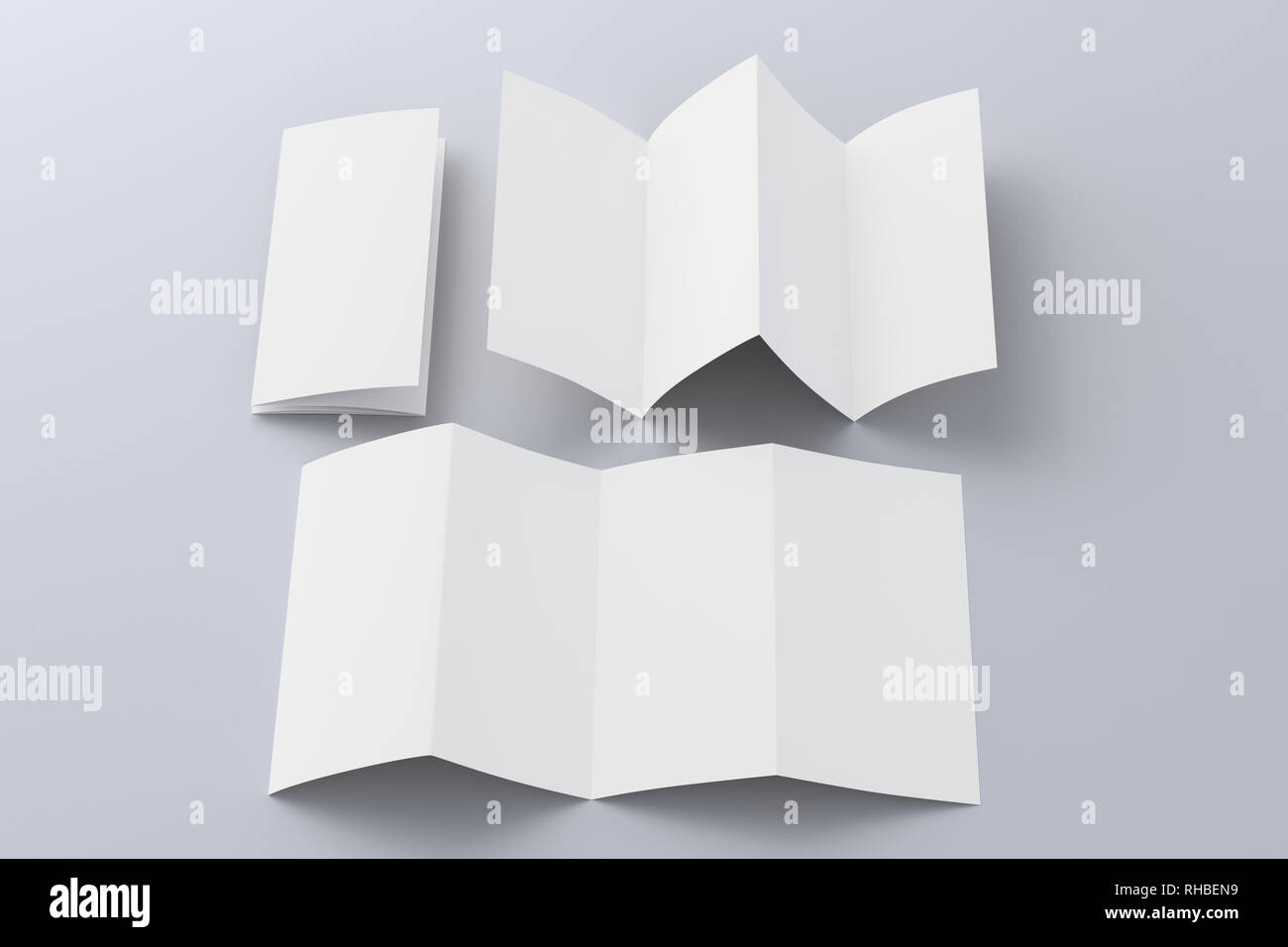 Blank folded paper leaflet on white background. Eight pages, four panel ...