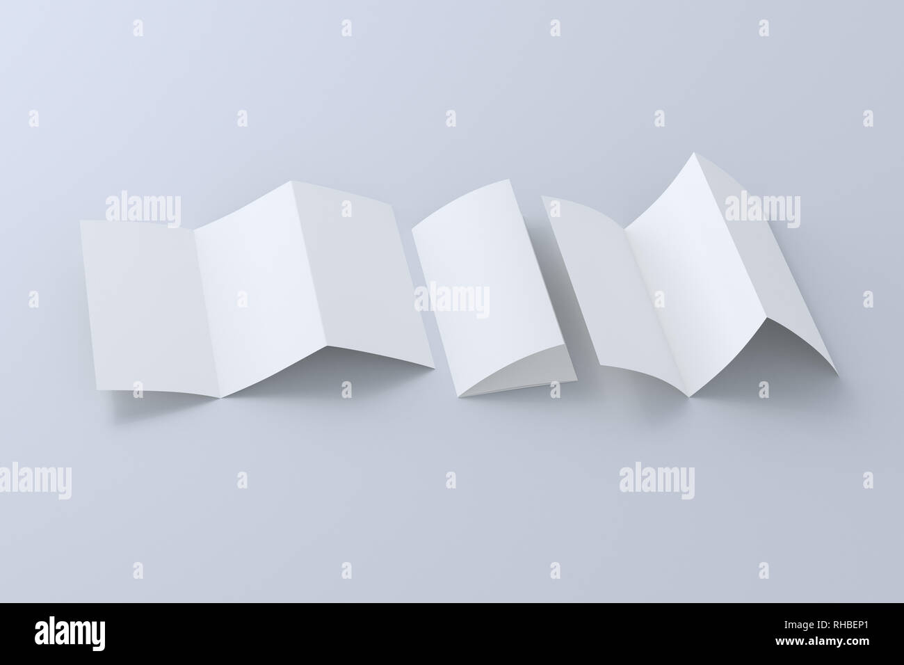 Blank trifold paper leaflet on white background. Six pages, three panel ...
