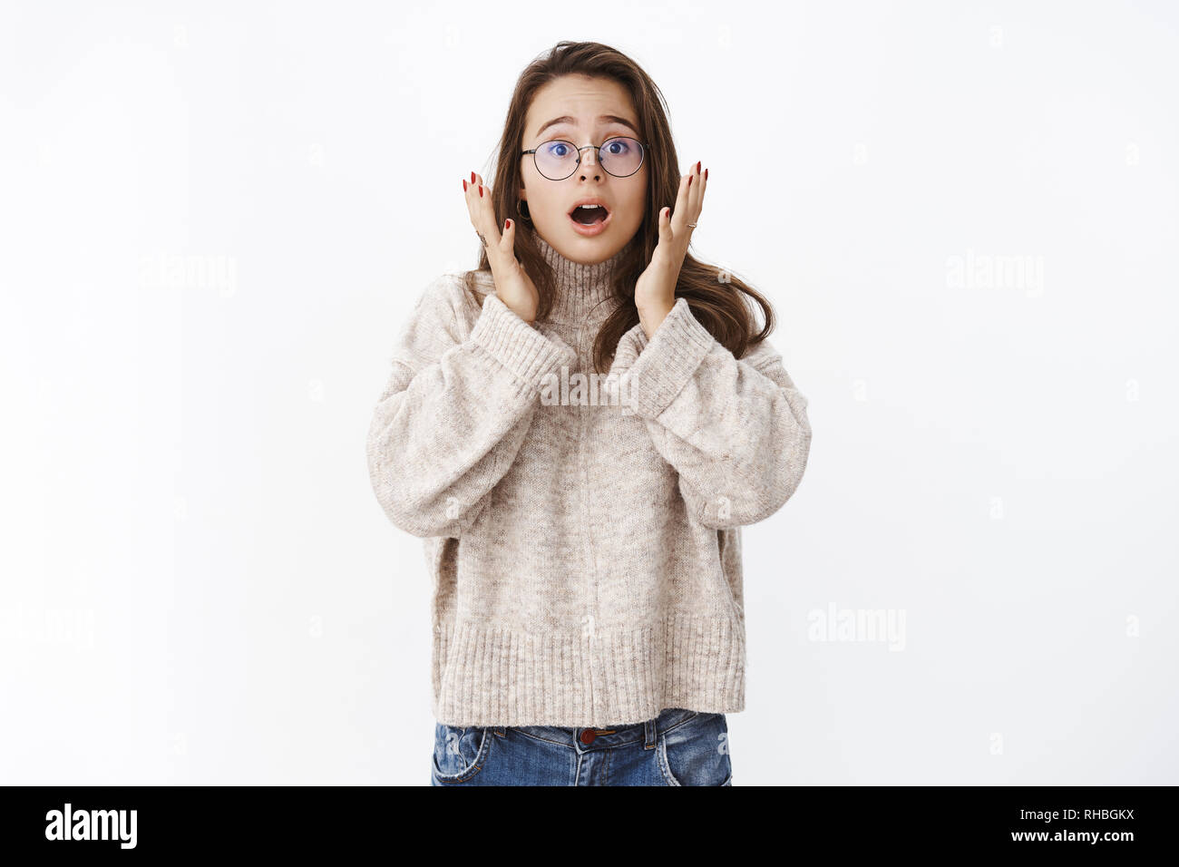 Worried and shocked cute woman showing empathy and shook as reacting to ...