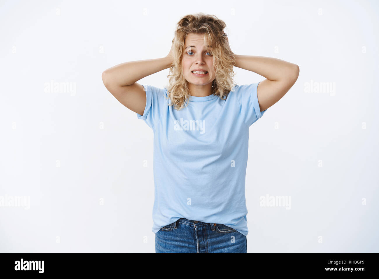 Oh God I Am In Trouble Portrait Of Worried Panicking Cute Silly Blonde