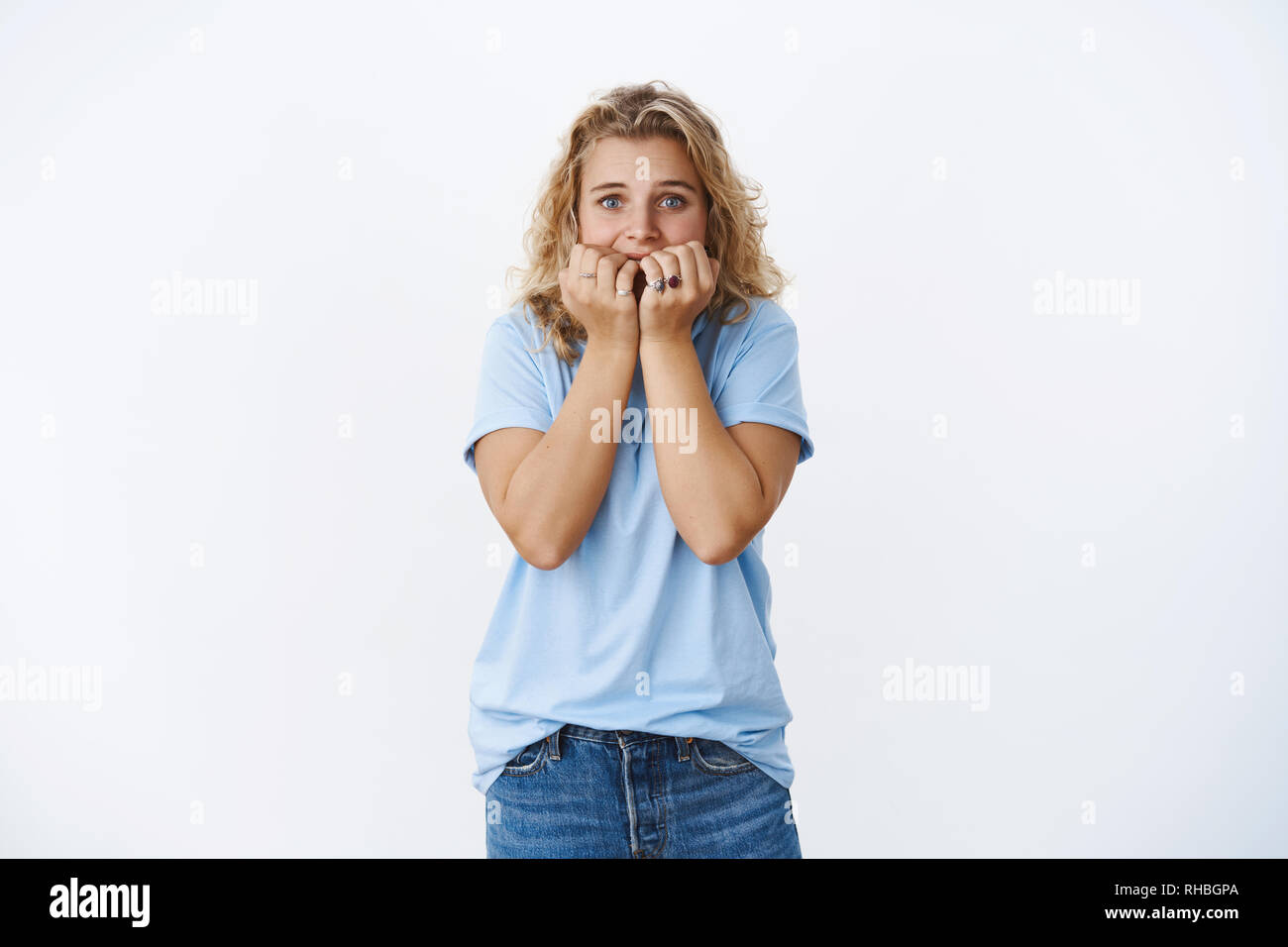 Girl scared being home alone. Potrait of cute insecure young woman ...