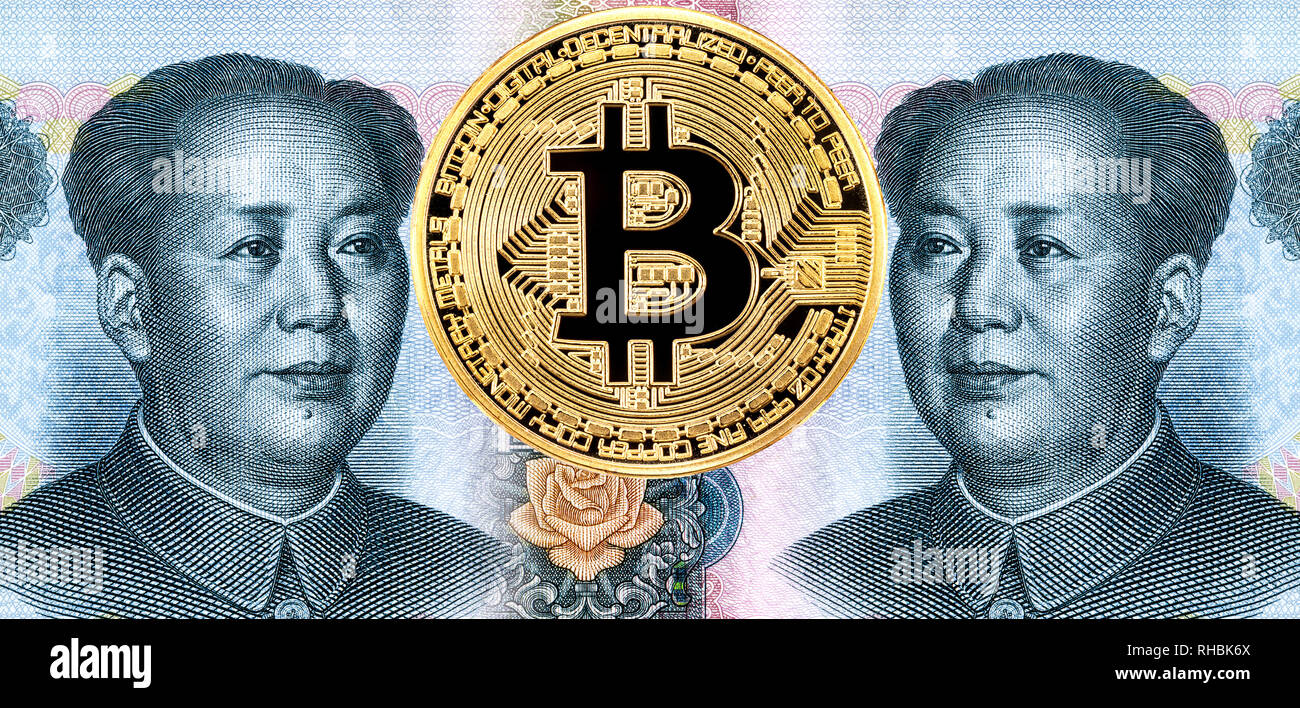 Cryptocurrency Bitcoin and portrait of Mao Zedong from Chinese yuan ...
