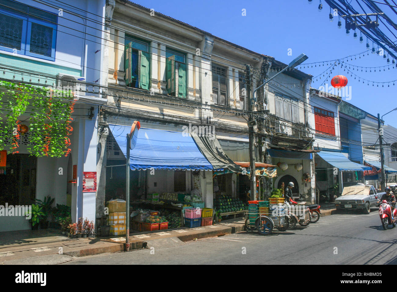 Street scene with traditional buildings in Phuket Town, Phuket ...