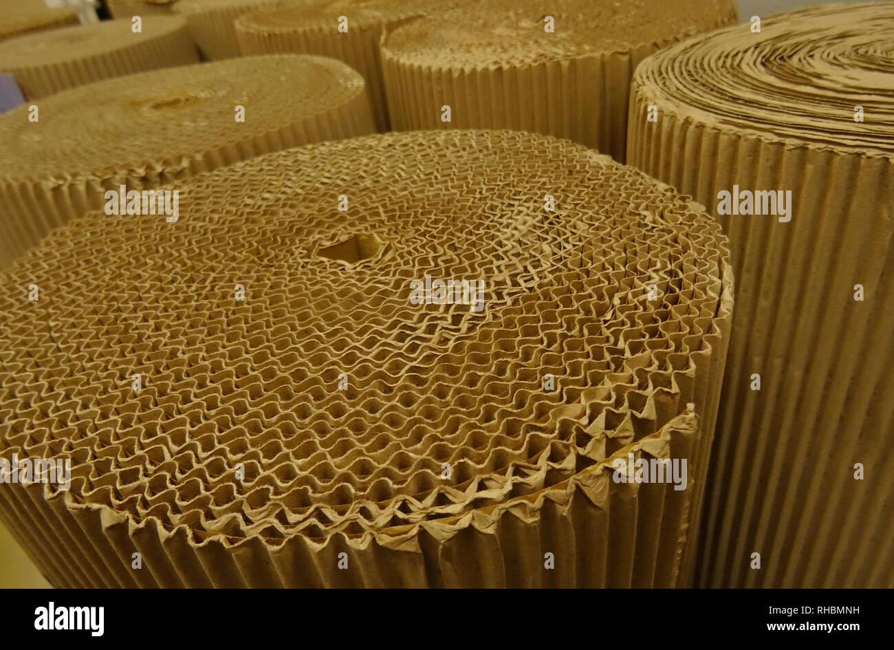 Cellulose industry. Rolled corrugated cardboard at the storage detailed ...