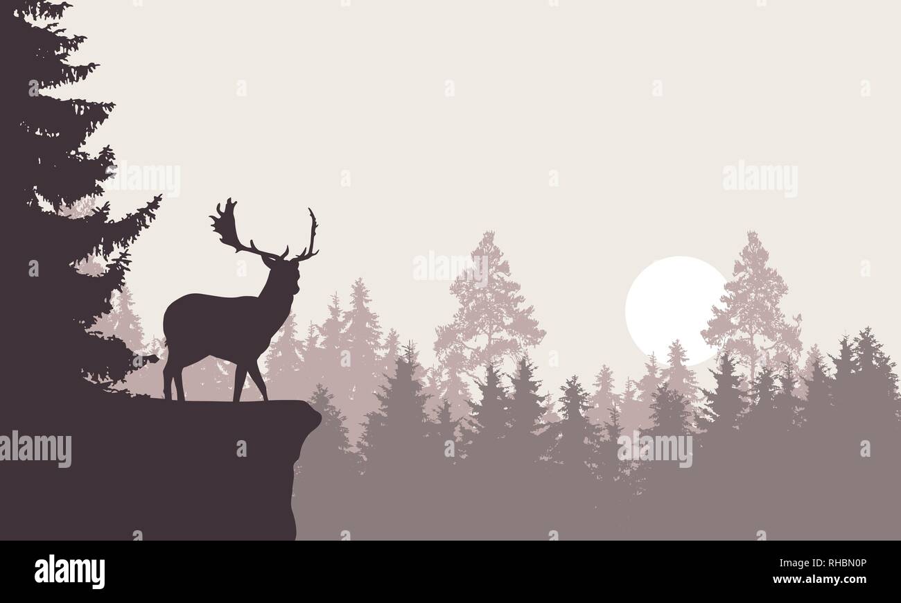 Realistic illustration of a mountain landscape with a forest with deer ...