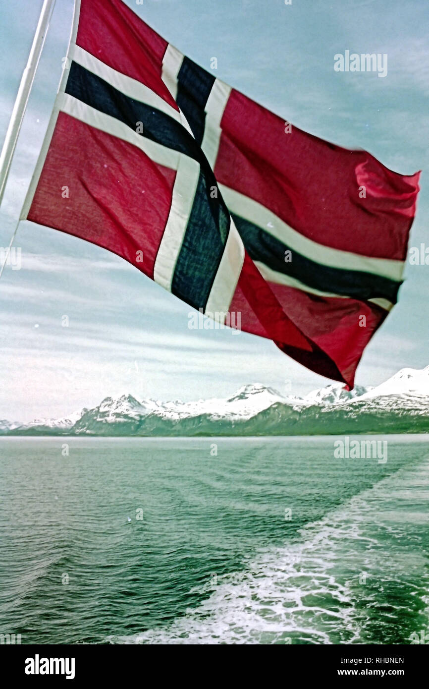 The Norwegian Flag , on the stern of a ferry high in the Arctic, Norway ...