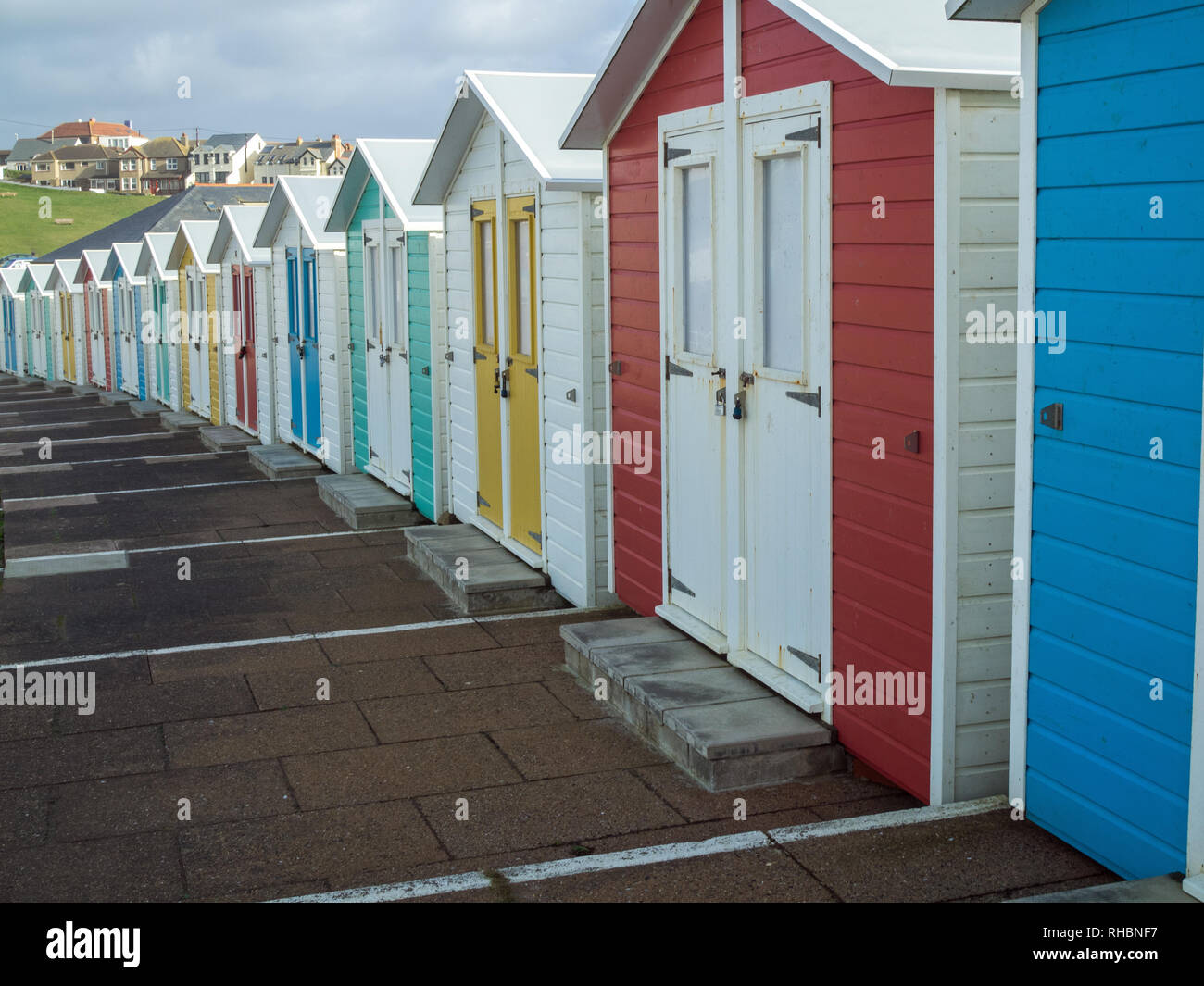 colourful beach huts on Crooklets beach in Bude , Cornwall Stock Photo ...