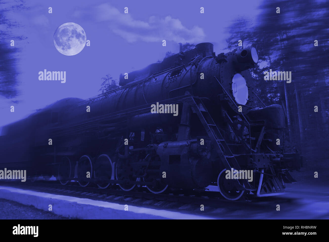 retro old locomotive at night. vintage train Stock Photo - Alamy