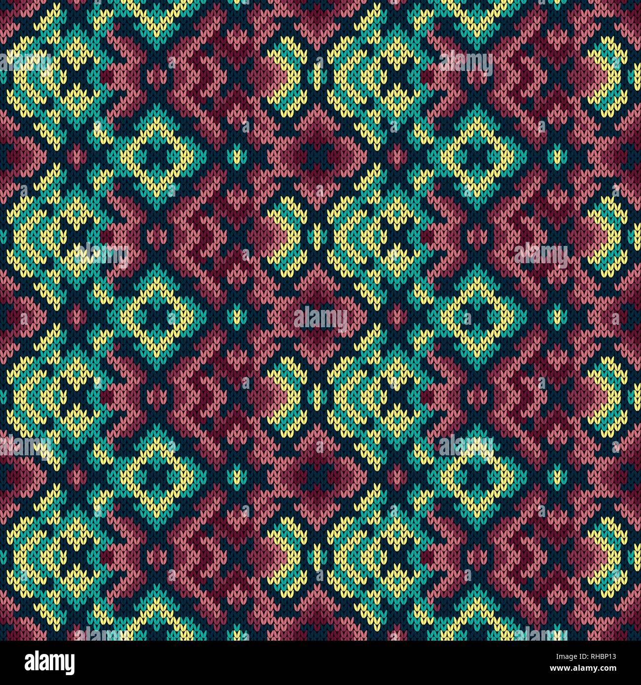 Knitted geometric ornamental pattern in the red, turquoise and yellow ...