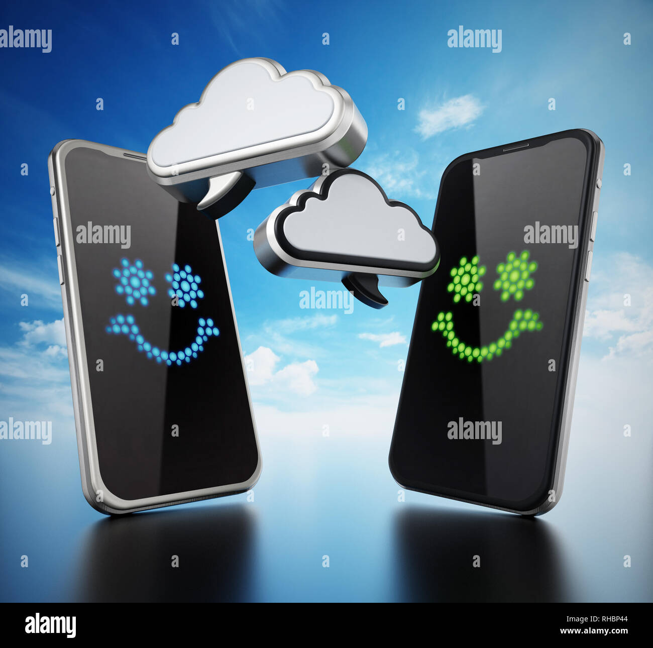 Smartphones with cloud shaped speech balloons. 3D illustration Stock ...