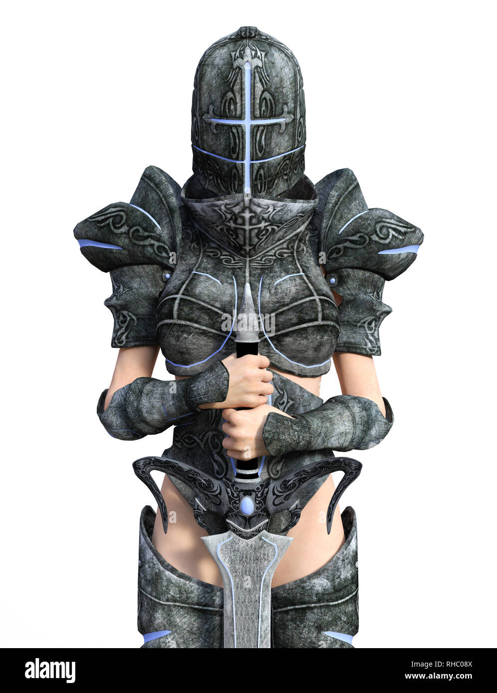 Warrior woman with ancient armor and big sword. The woman has her face ...