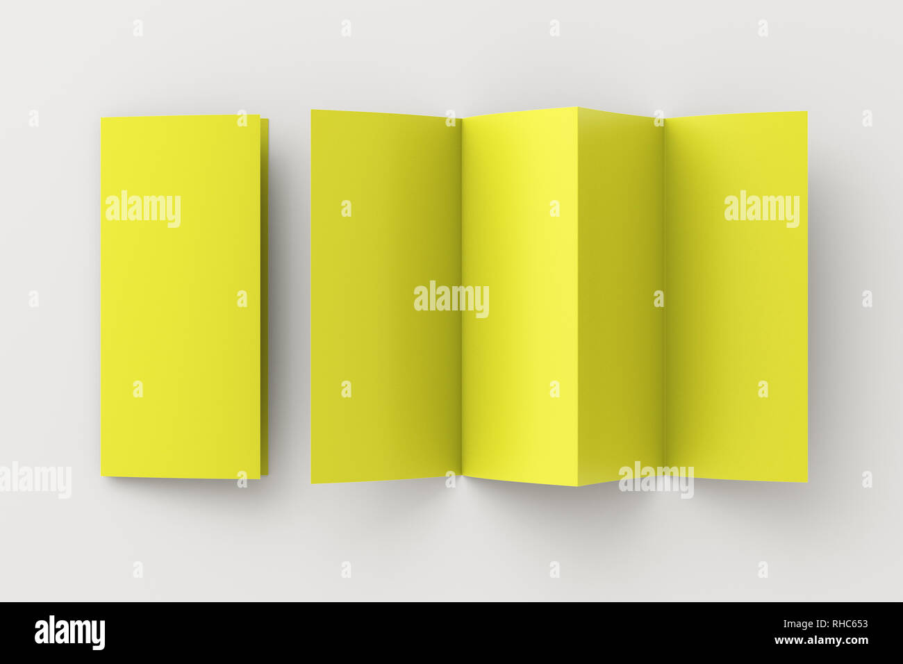 Blank yellow folded paper leaflet on white background. Eight pages ...