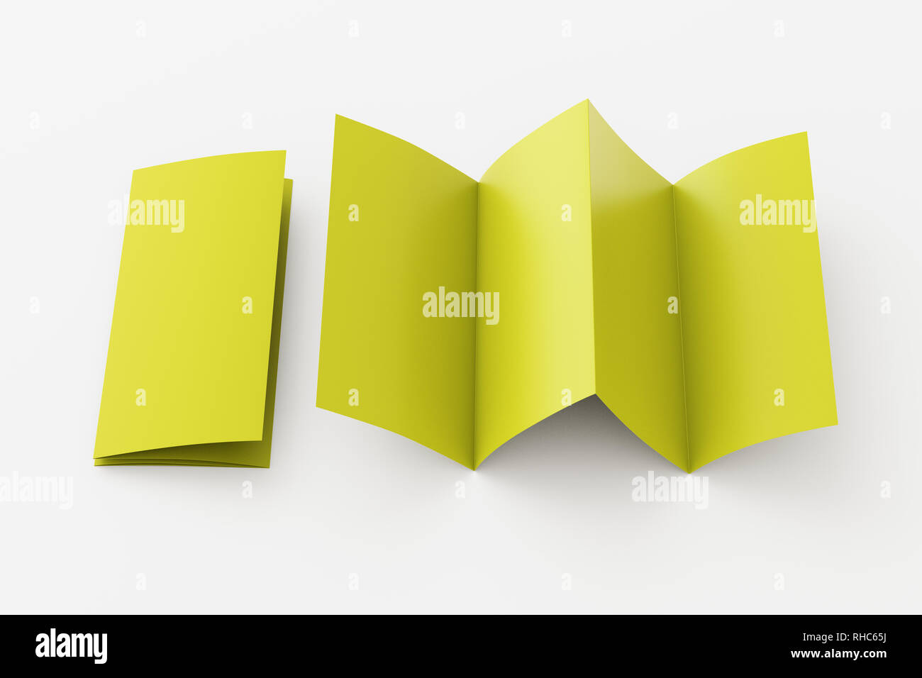 Blank yellow folded paper leaflet on white background. Eight pages ...