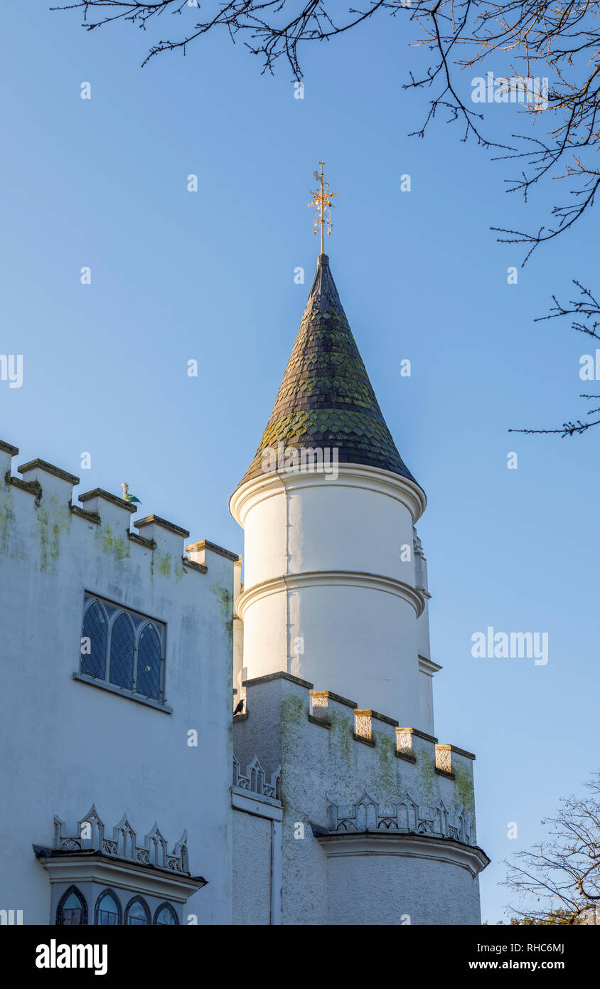 Round tower, turret and battlements at Strawberry Hill House, a Gothic ...