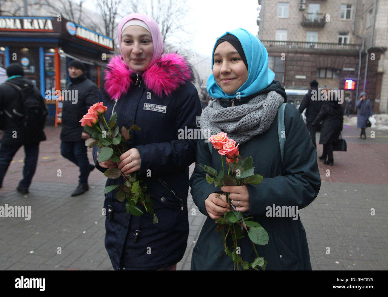 Kiev, Ukraine. 01st Feb, 2019. Ukrainian Muslim women seen with flowers ...
