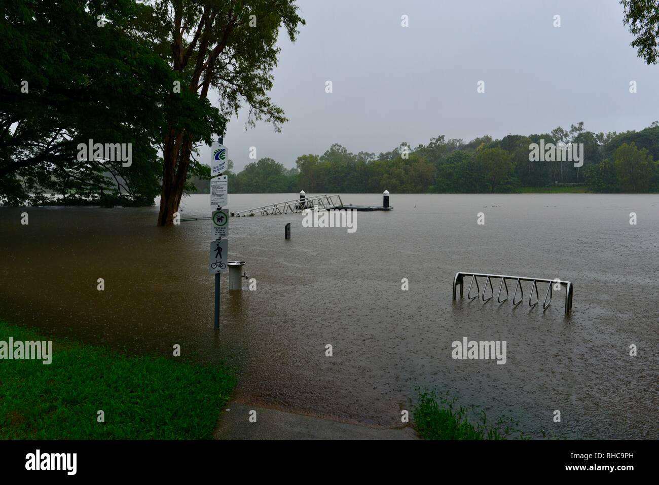 Rossiter Park showing the pontoon being inundated by flood waters ...