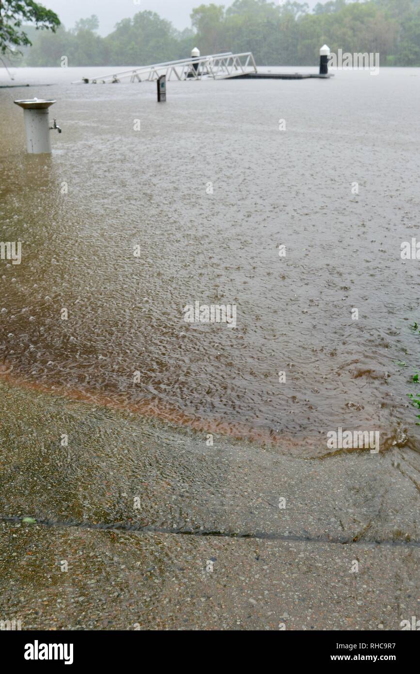 Rossiter Park showing the pontoon being inundated by flood waters ...
