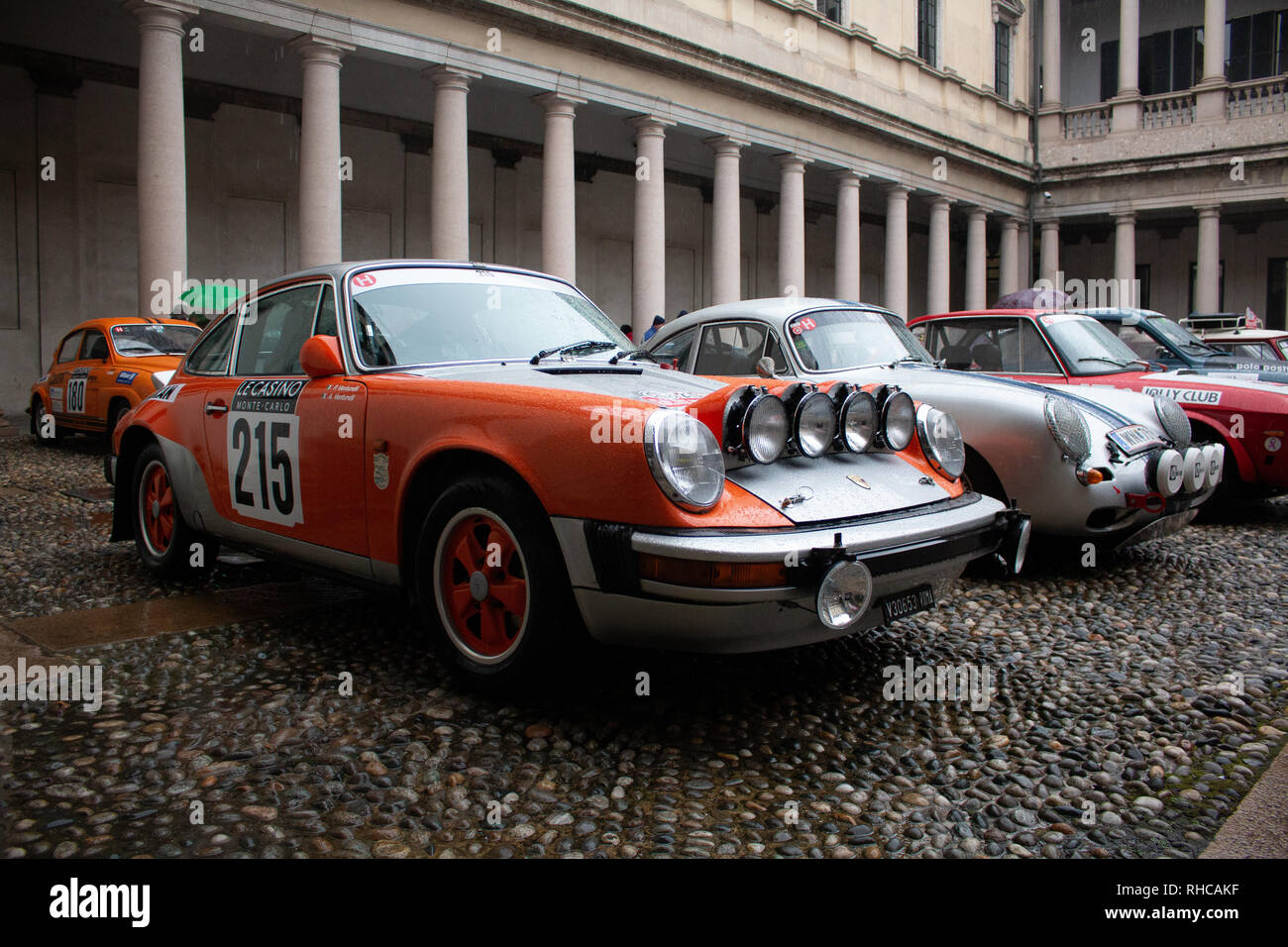Milan, Italy. 01st Feb, 2019. Classic Cars line up for the Rallye Monte ...