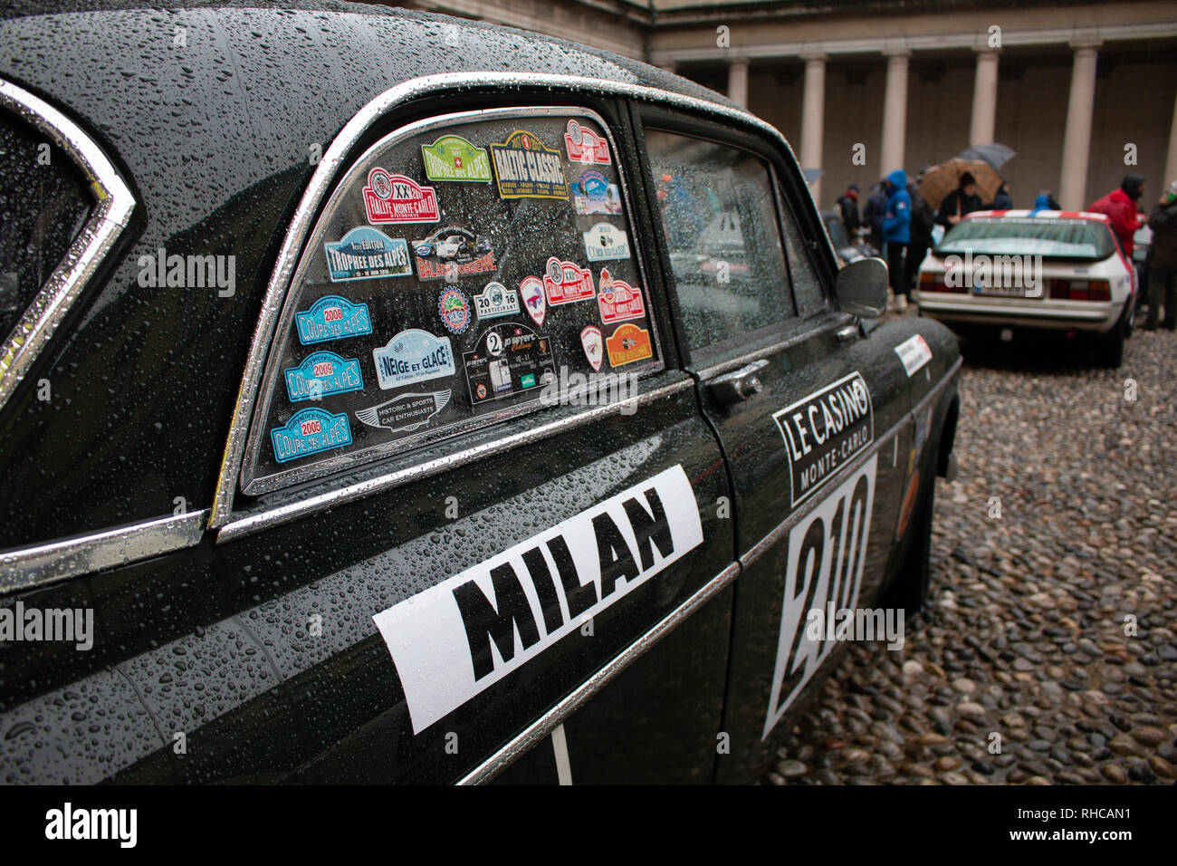 Milan, Italy. 01st Feb, 2019. Classic Cars line up for the Rallye Monte ...