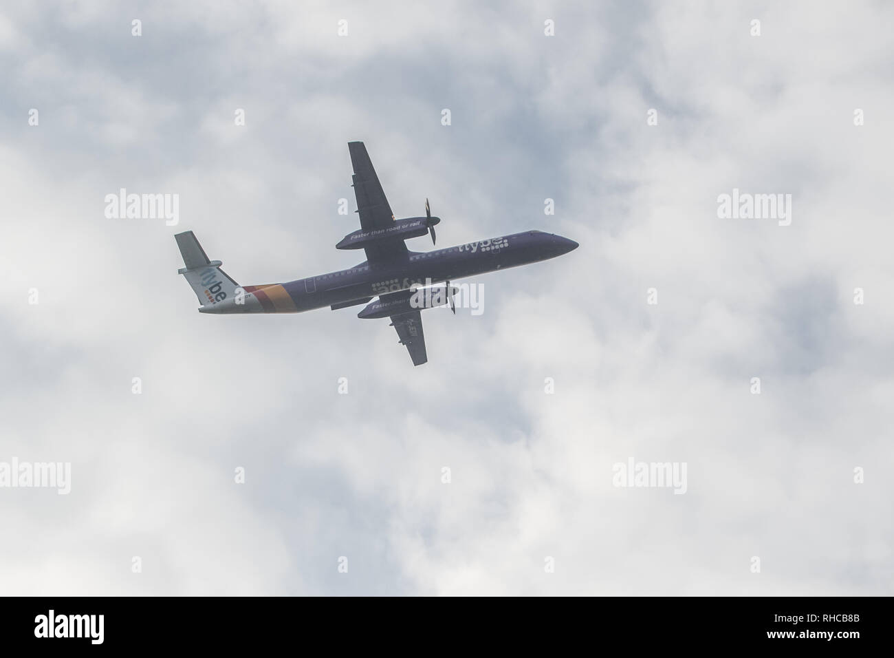 London, UK. 2nd Feb, 2019. A FlyBe airplane takes off as flights resume ...
