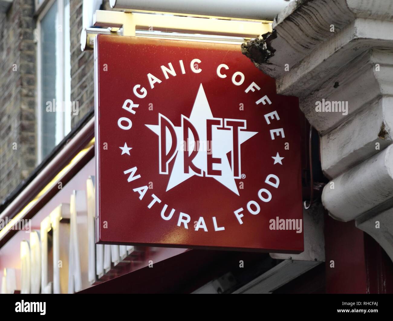 London, UK. 27th Jan, 2019. Pret a Manger coffee shop and brand logo ...
