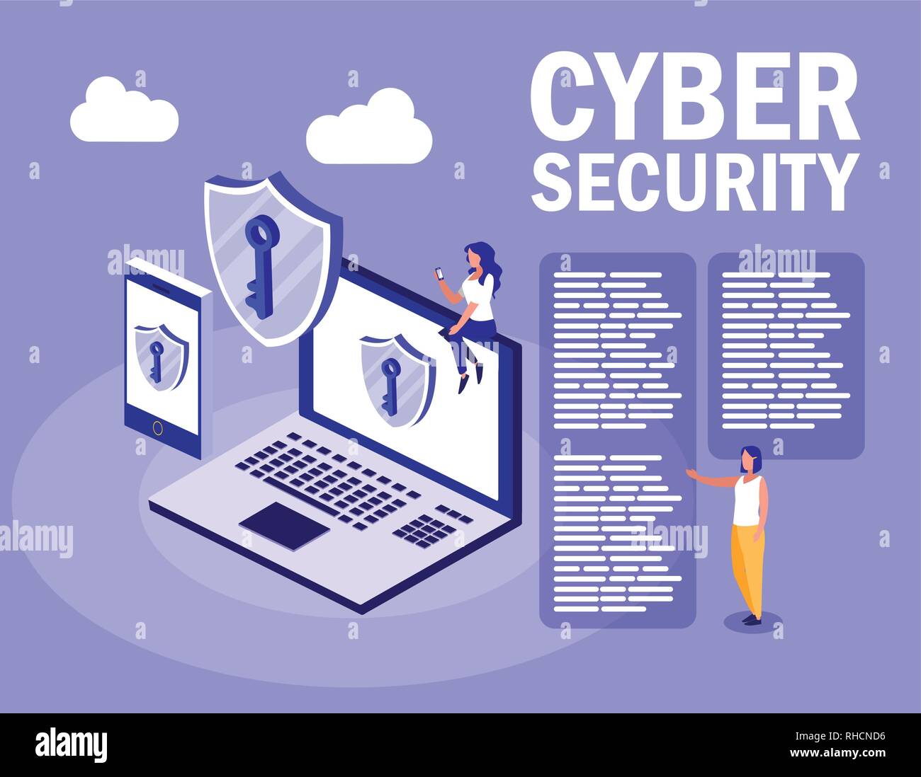 mini people with electronics devices and cyber security vector ...
