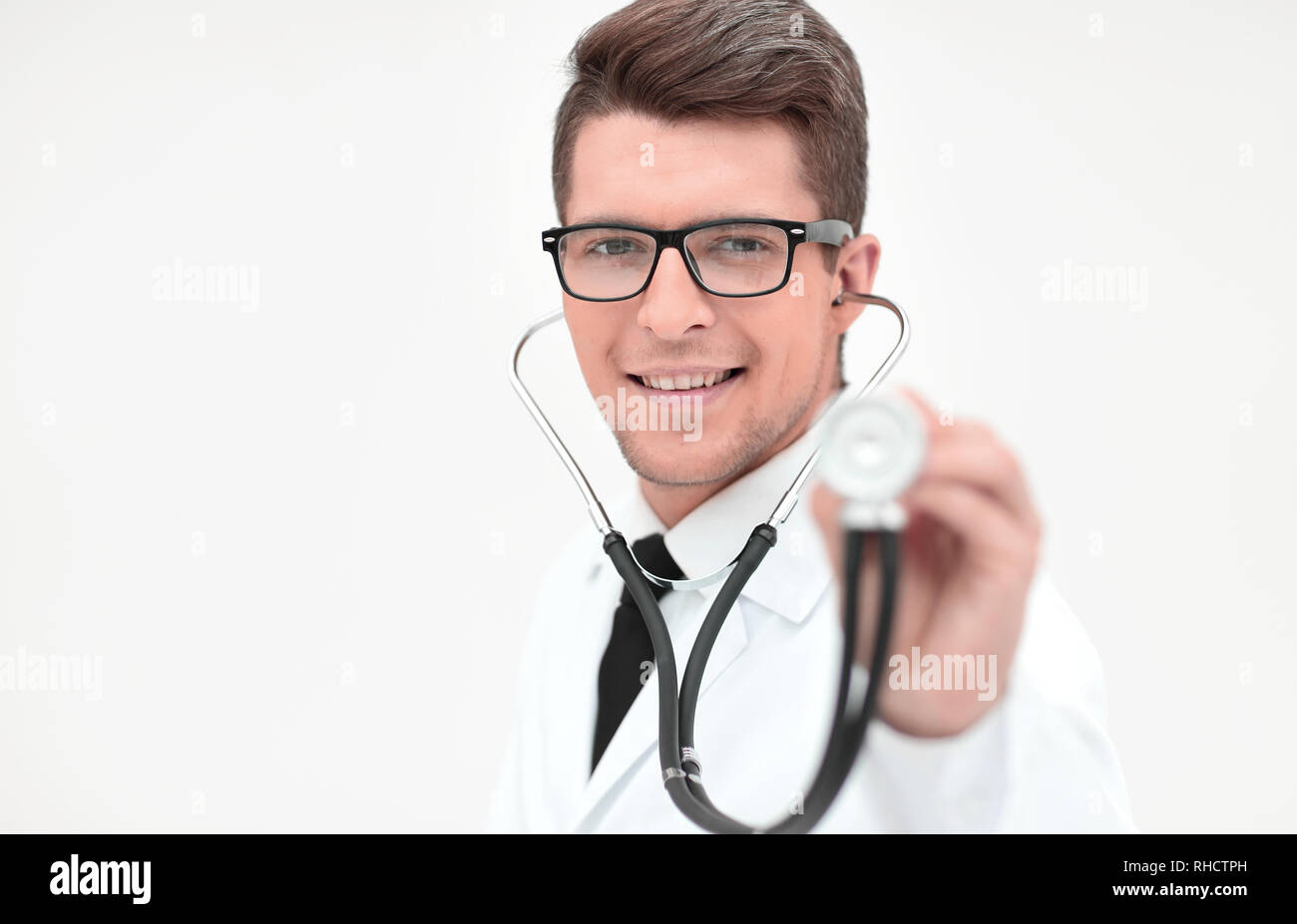 close up.a confident therapist with a stethoscope Stock Photo - Alamy