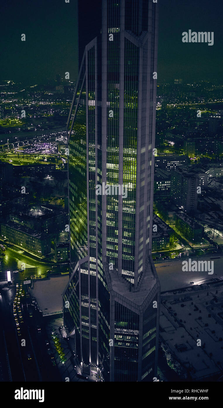 Moscow, Russia - Feb 2019: Aerial view Mercury City Tower from 50 level ...