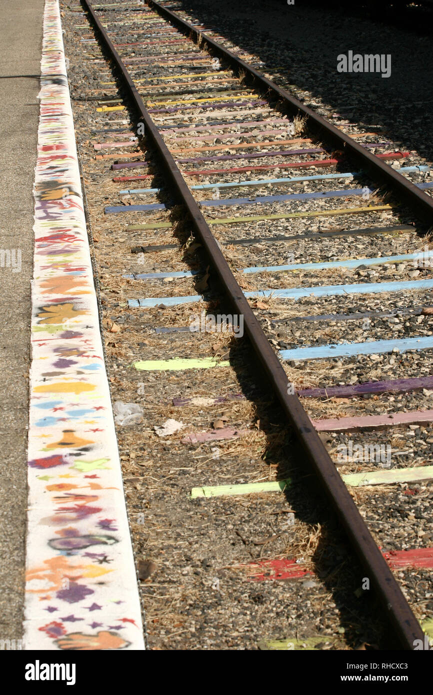 pattern of railways track in a train station Stock Photo - Alamy