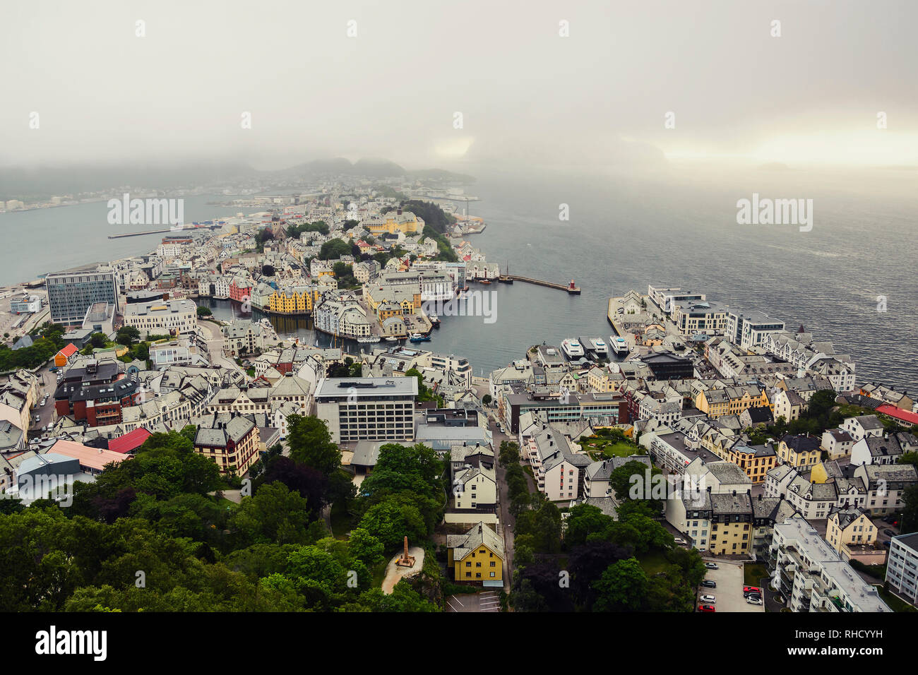 Panoramic view of the archipelago, the beautiful Alesund town centre ...