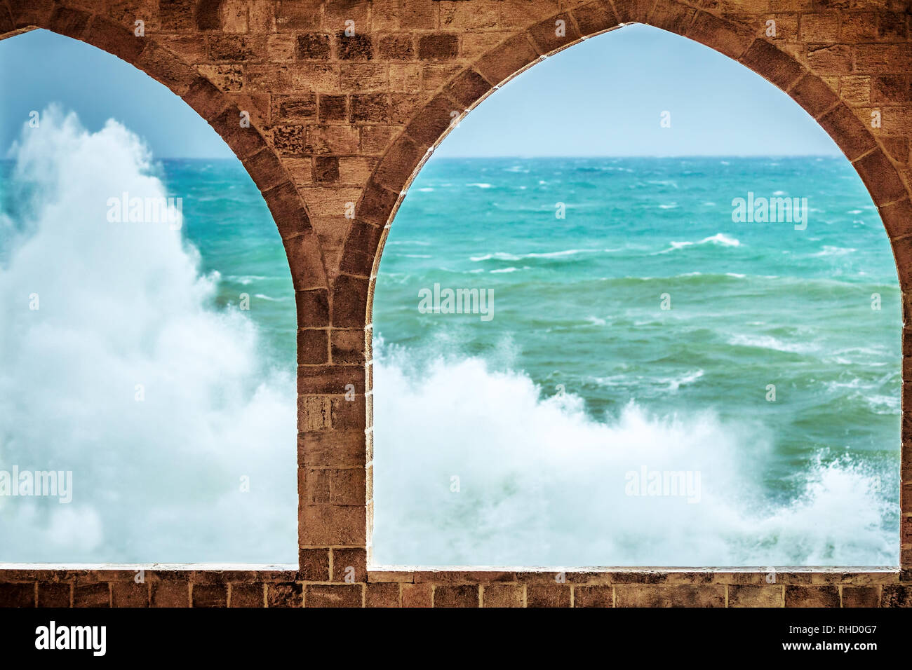 Beautiful sea view through amazing big arch windows of ancient building ...