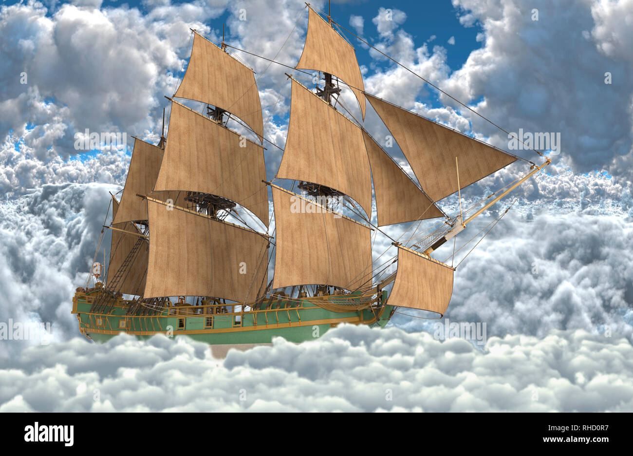 Sailboat flying above the clouds 3d illustration Stock Photo - Alamy