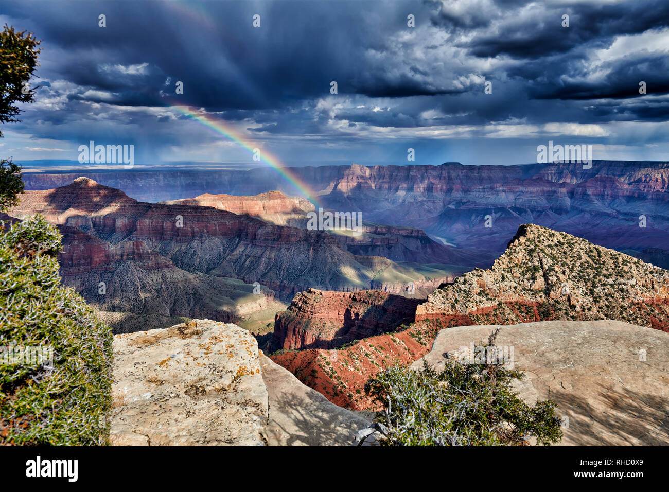 thunderstorm and rainbow over Grand Canyon, Cape Royal viewpoint ...