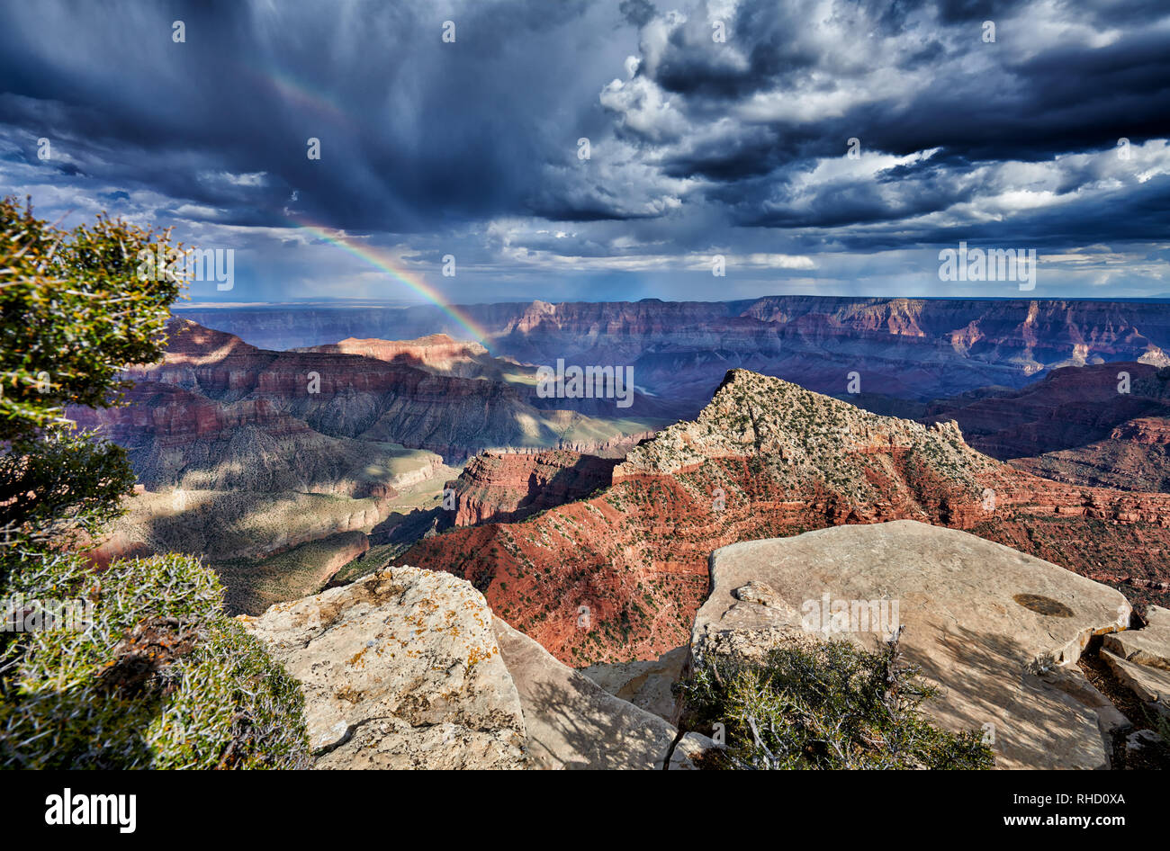 thunderstorm and rainbow over Grand Canyon, Cape Royal viewpoint ...