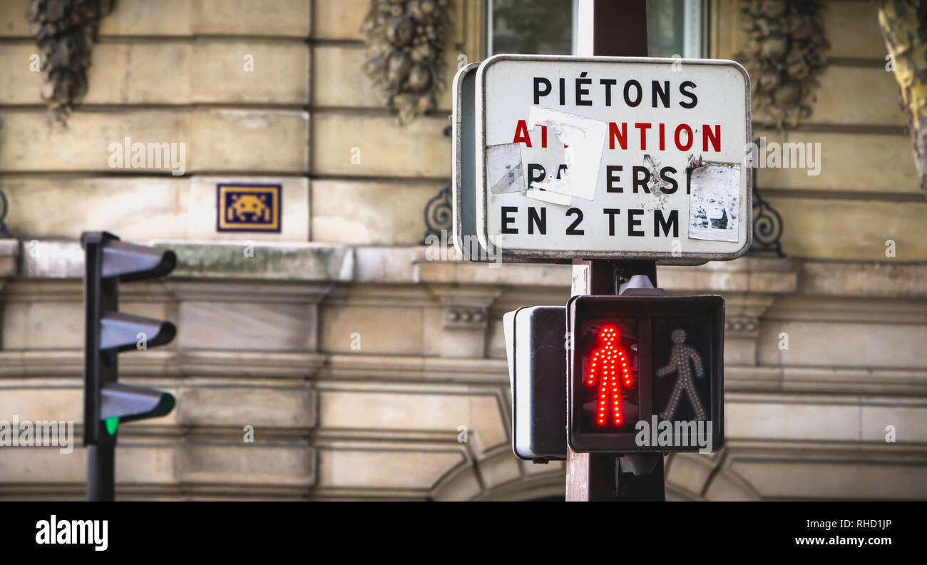 Paris, France - October 7, 2017: on a tricolor traffic light, a sign ...