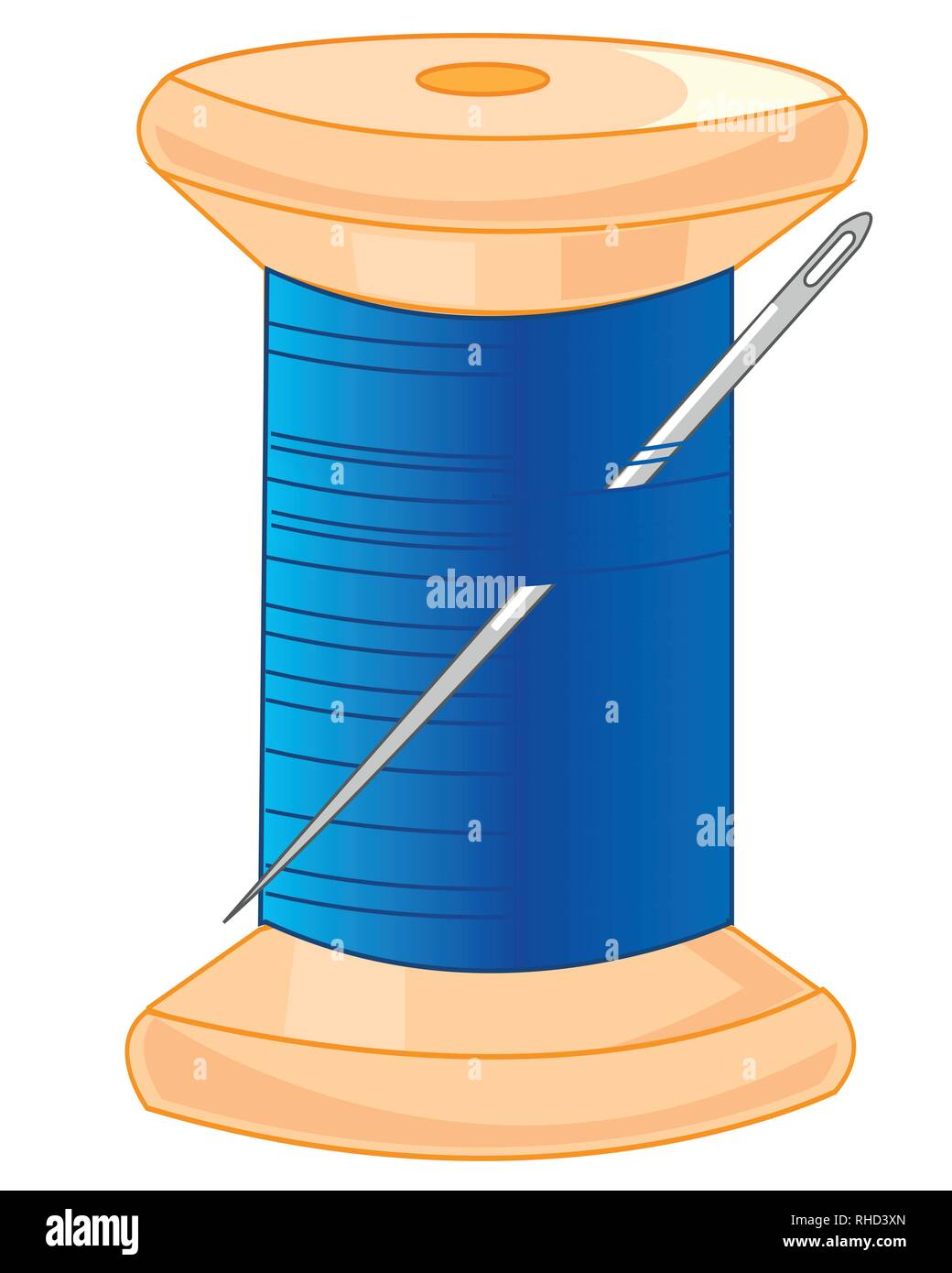 Wooden spool with blue thread and needle on white background is ...