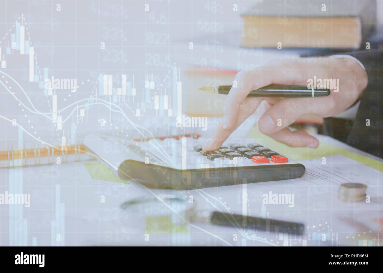 digital financial background. Hand touch calculator and calculation ...