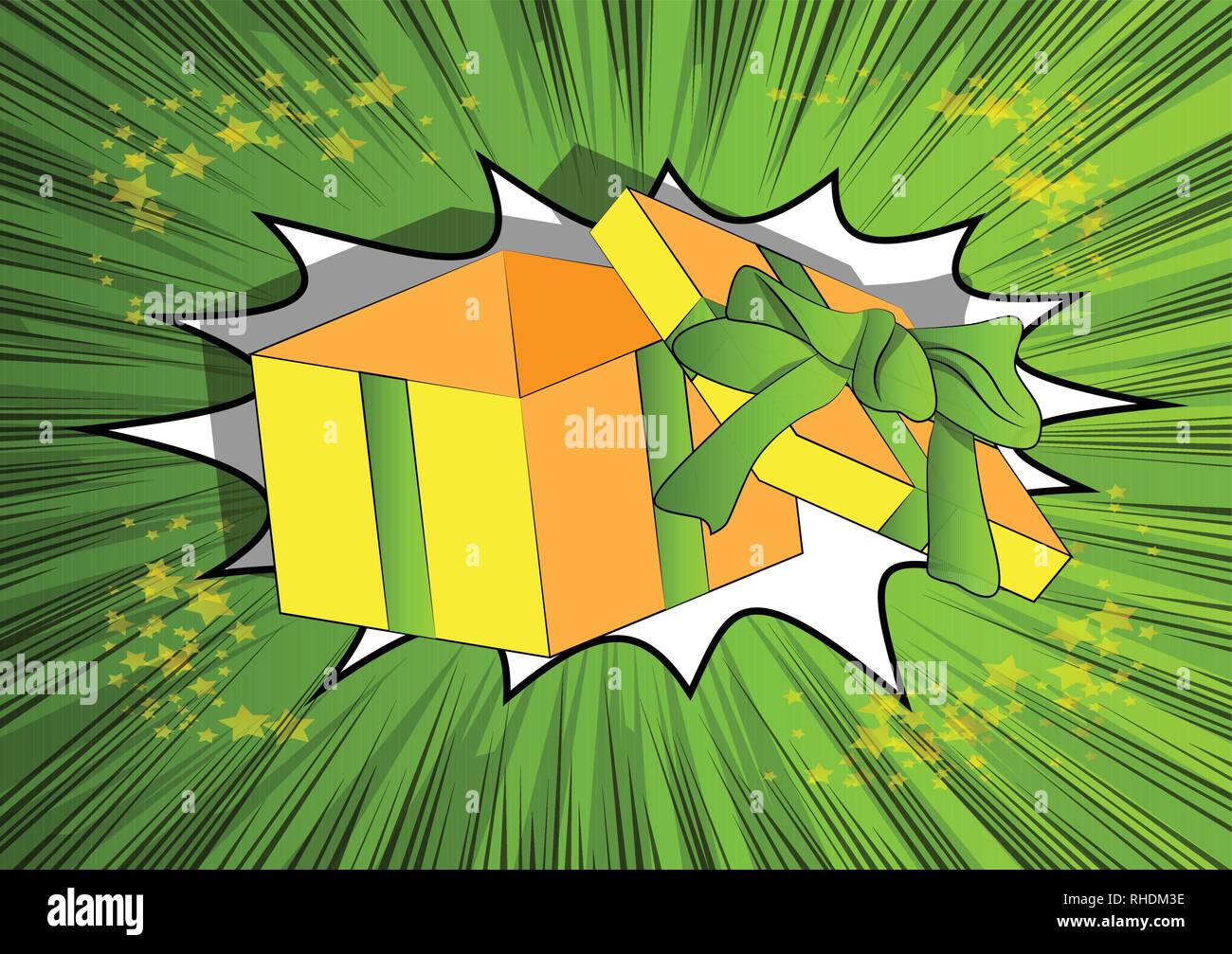 Vector cartoon opened gift box. Illustrated holiday sign on comic book ...