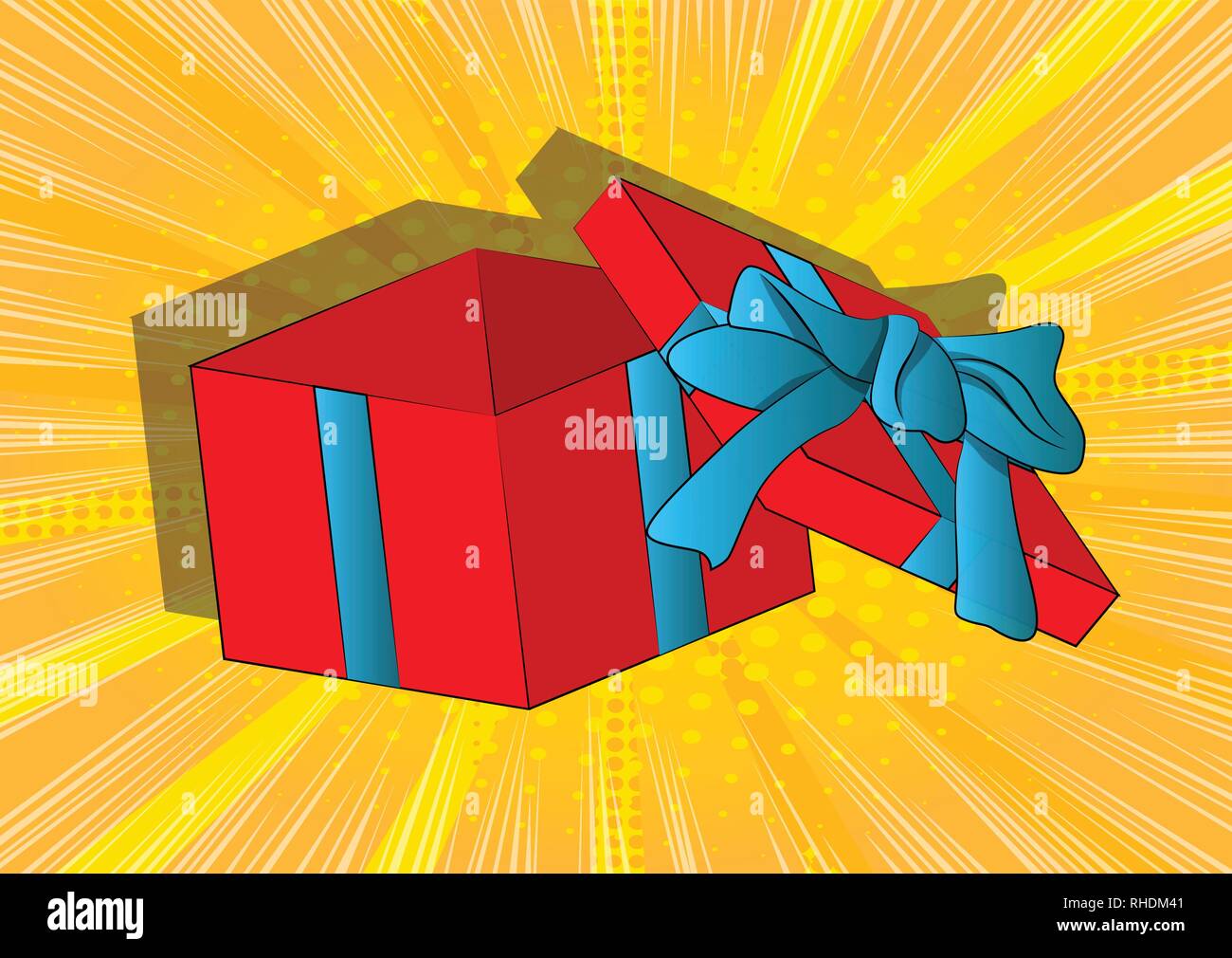 Vector cartoon opened gift box. Illustrated holiday sign on comic book ...