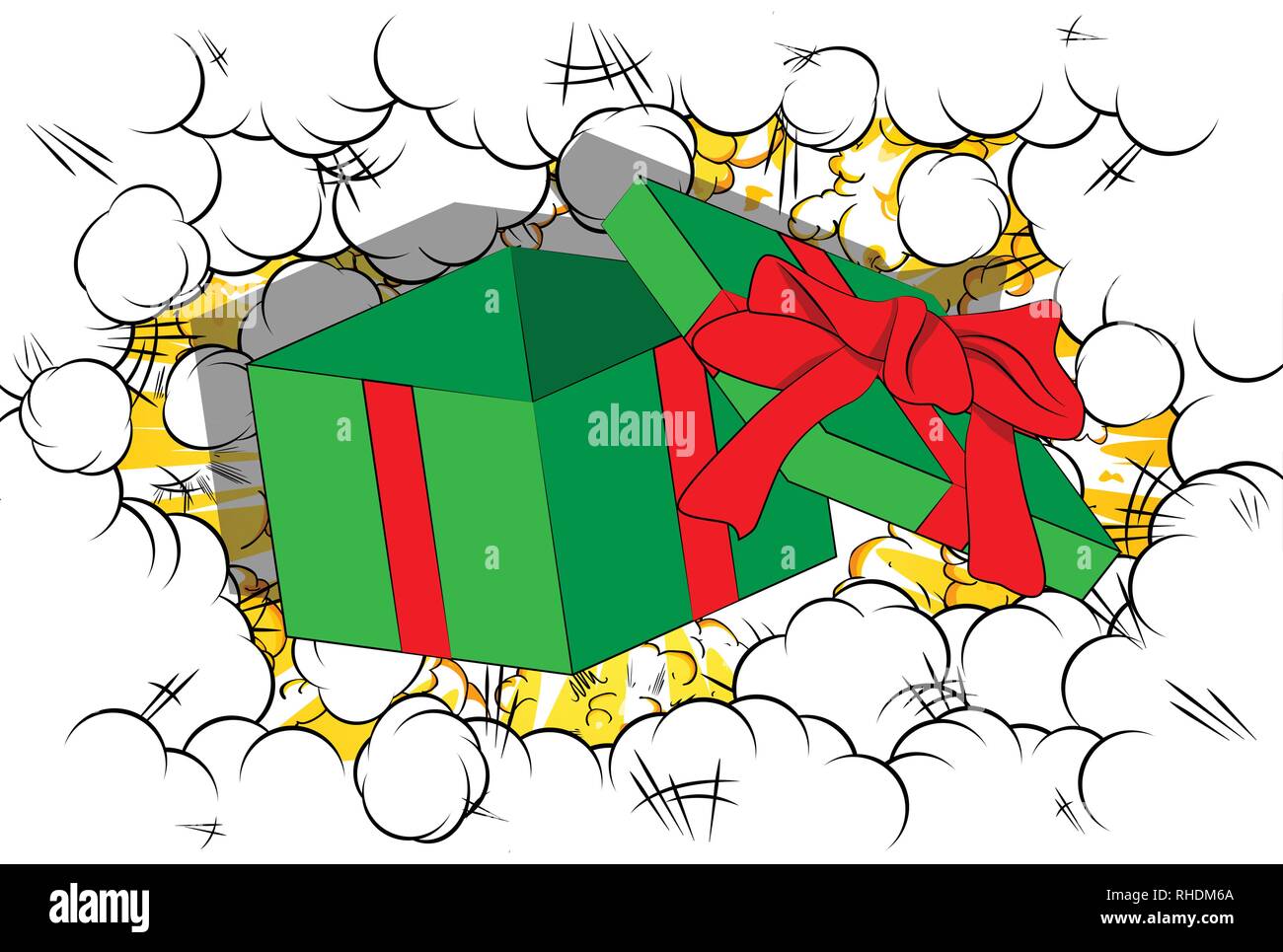 Vector cartoon opened gift box. Illustrated holiday sign on comic book ...