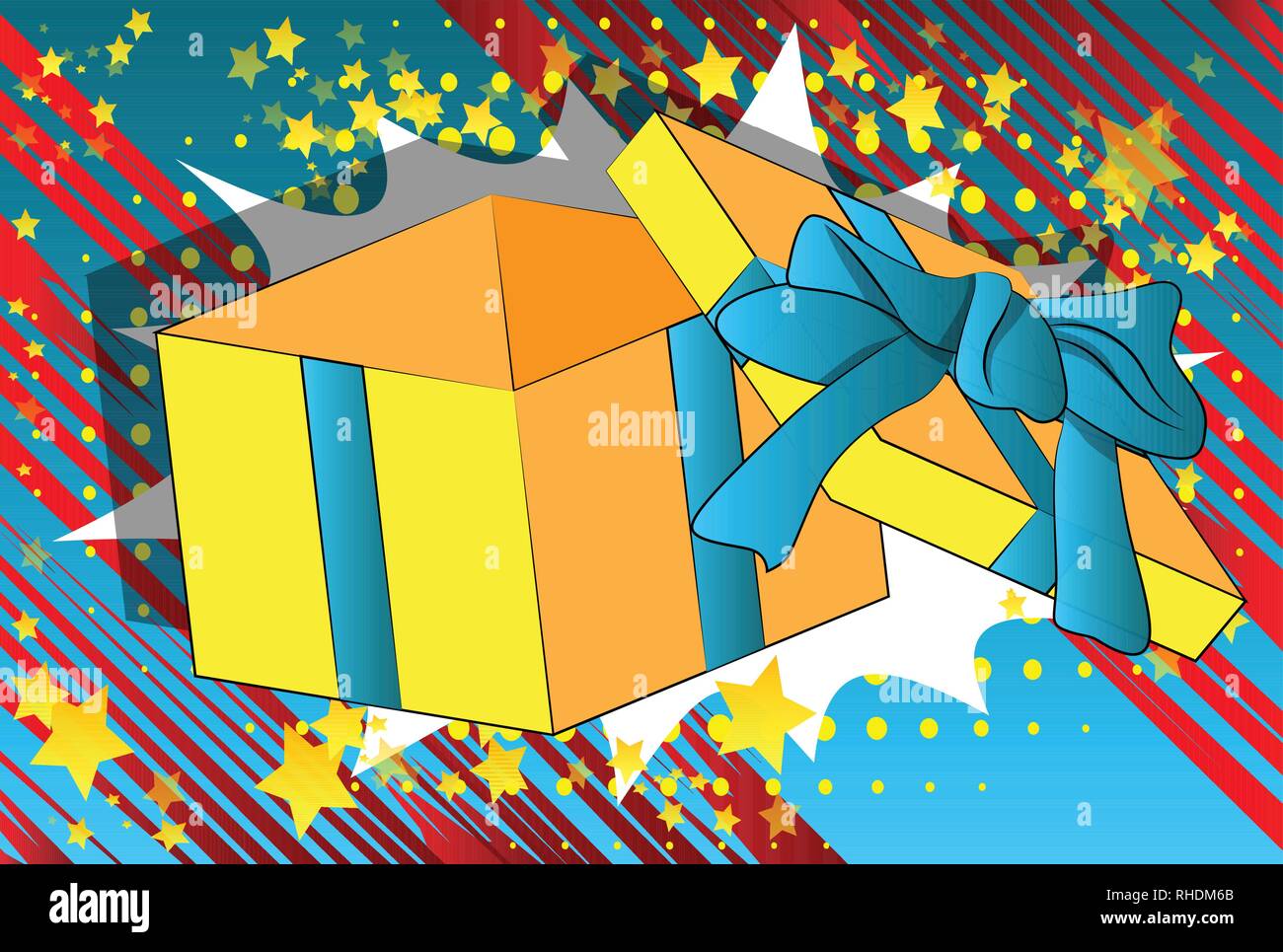 Vector cartoon opened gift box. Illustrated holiday sign on comic book ...