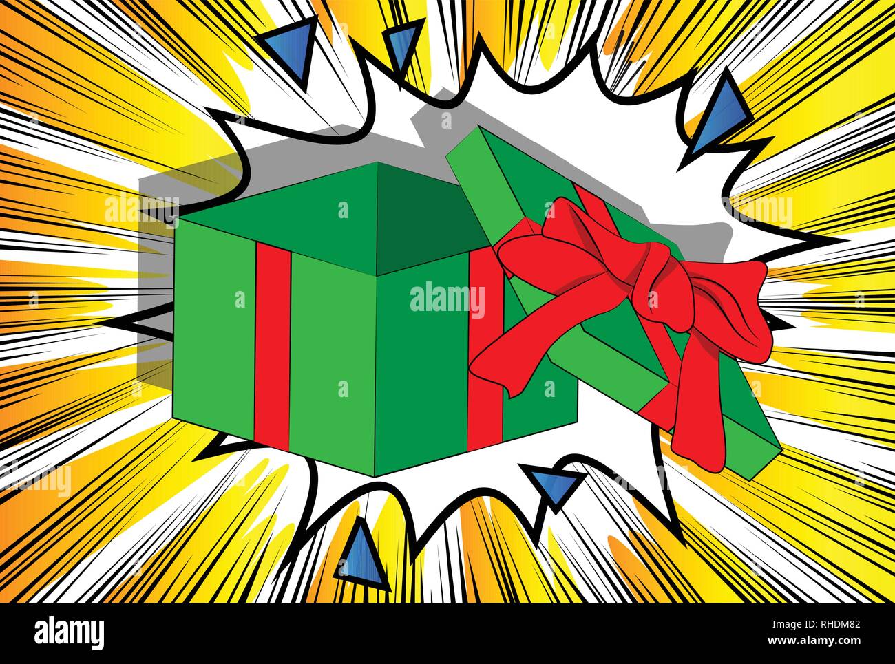 Vector cartoon opened gift box. Illustrated holiday sign on comic book ...