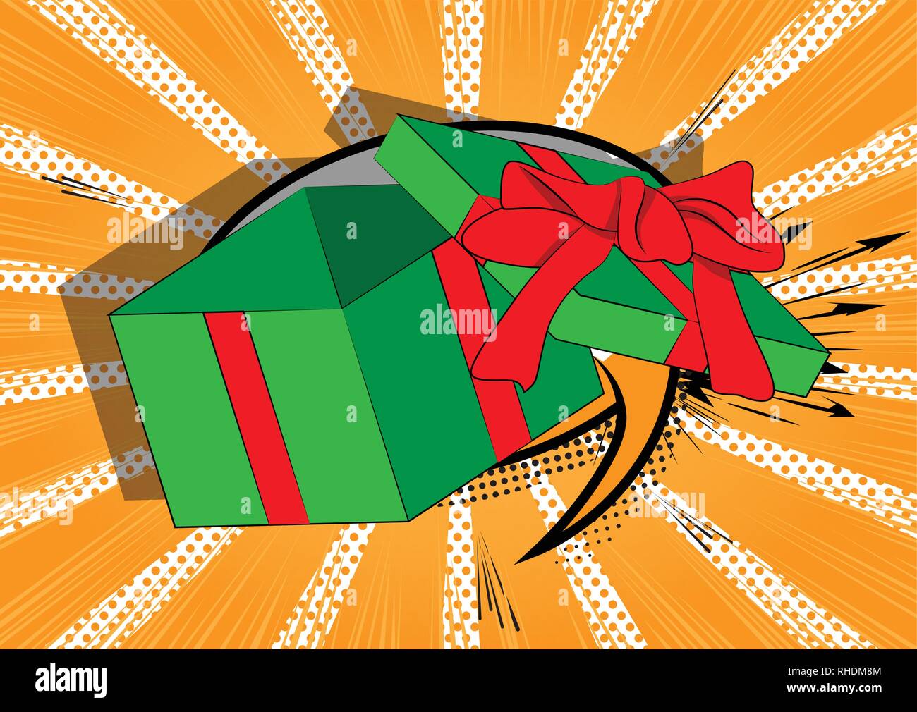 Vector cartoon opened gift box. Illustrated holiday sign on comic book ...