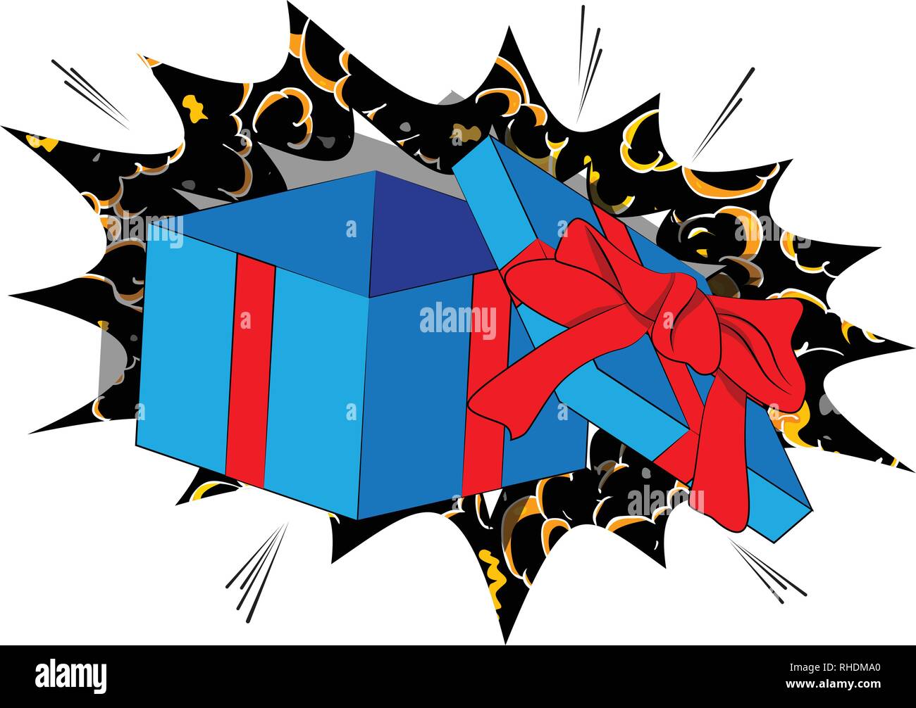 Vector cartoon opened gift box. Illustrated holiday sign on comic book ...