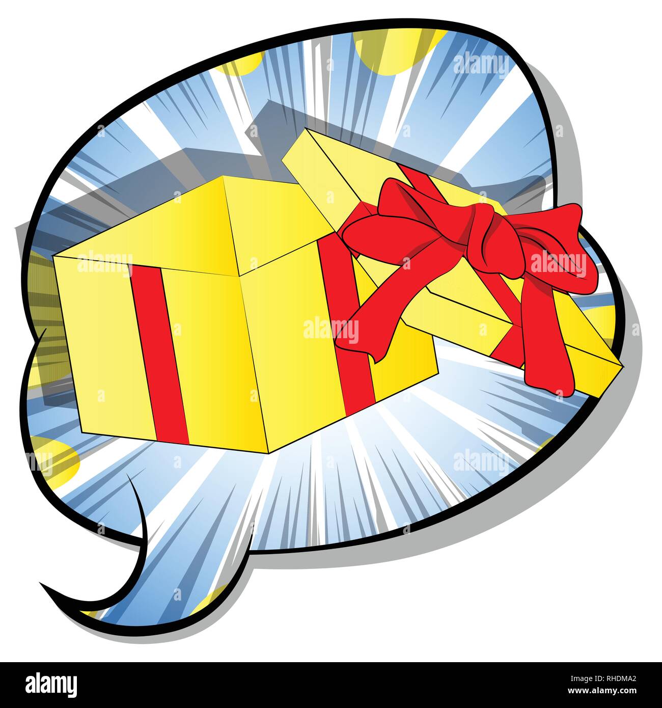 Vector cartoon opened gift box. Illustrated holiday sign on comic book ...